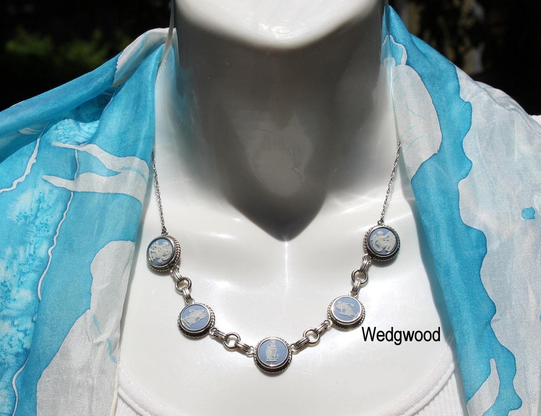 WEDGWOOD NECKLACE, 925 Silver, Unusual Design, 5 Wedgwood Panels, Blue ...