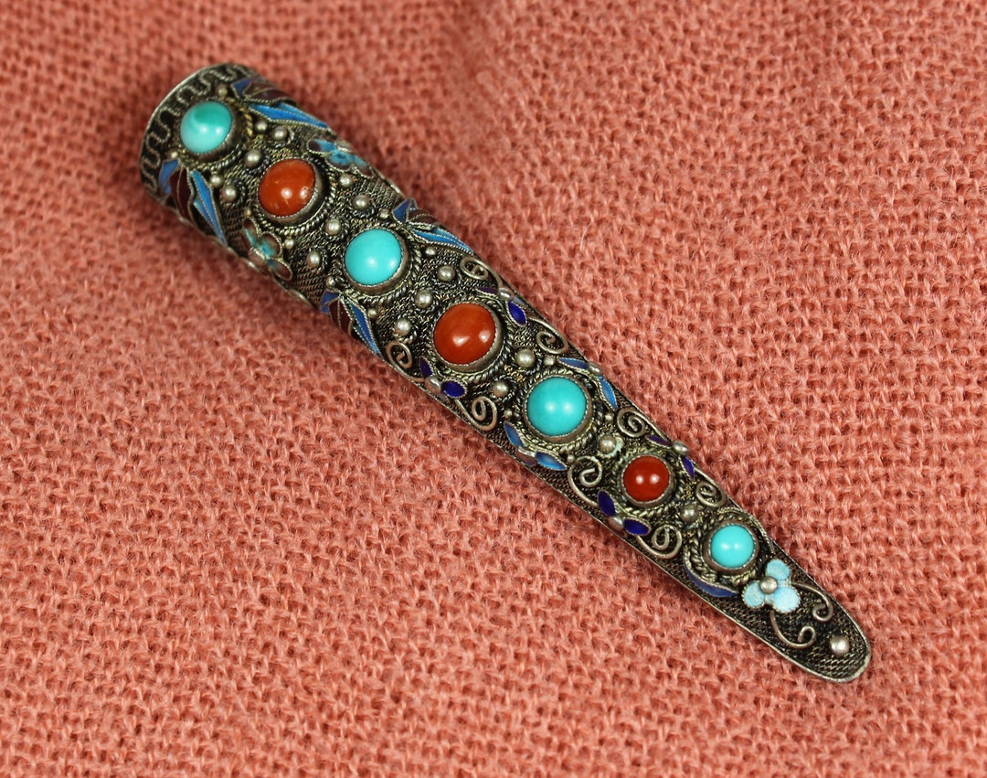 CHINESE Silver Finger Pin, Pre-1950s, Coral, Turquoise, A-1 - Etsy Canada