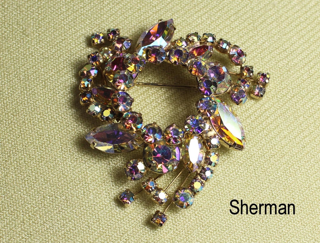 SHERMAN PIN, Aurora Borealis Sets, Handsome Glitz “spray” Design ...