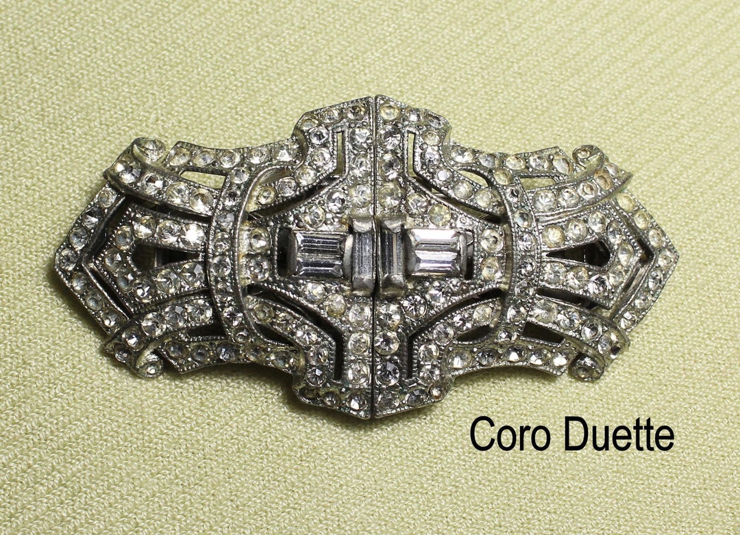 1940s Deco CORO DUETTE Pin Including Two Dress Clips, Handsome Design, Clear Rhinestones ...