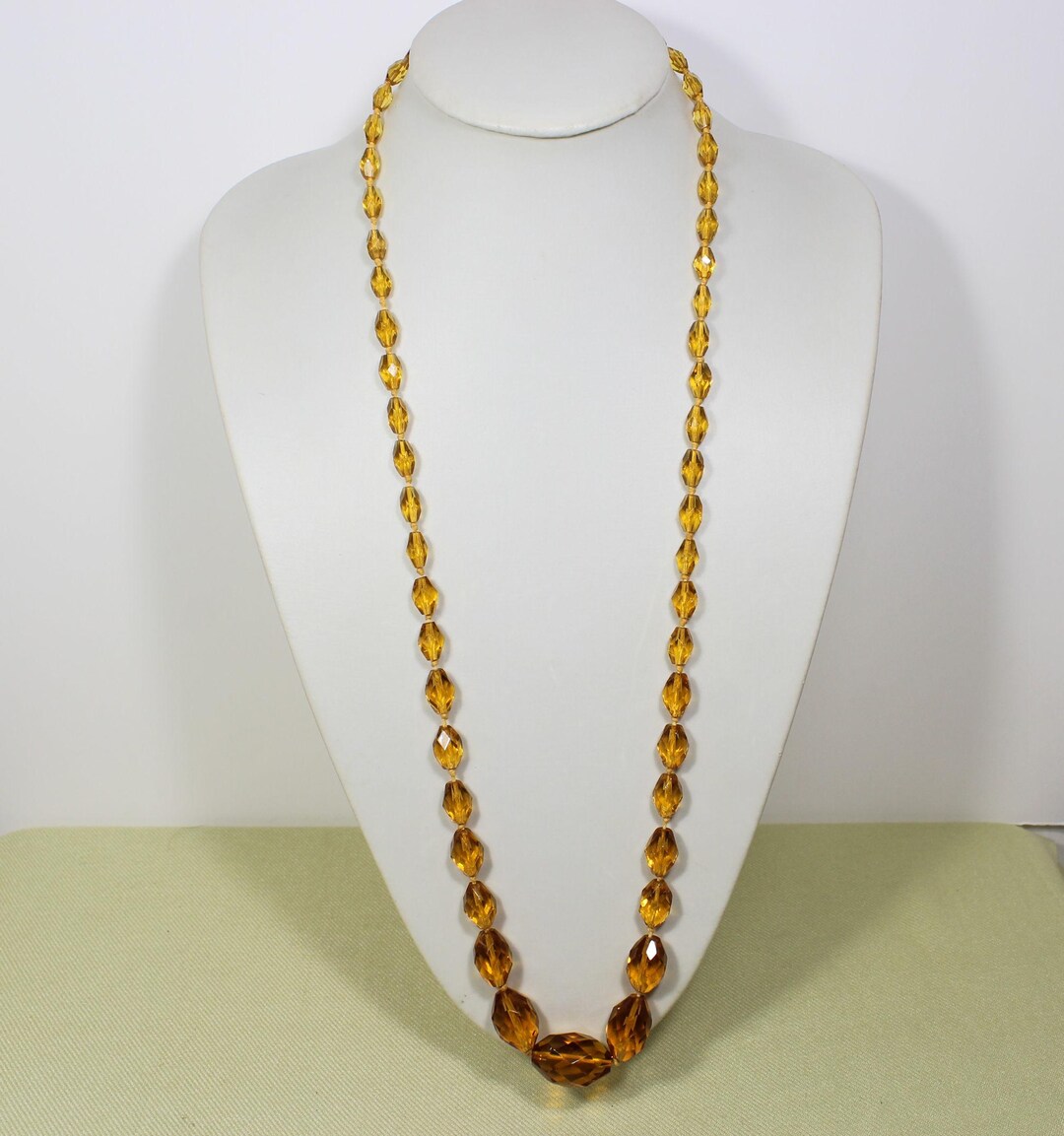 Amber Glass Flapper Bead Necklace, Faceted, Hand Knotted, Long, Over ...