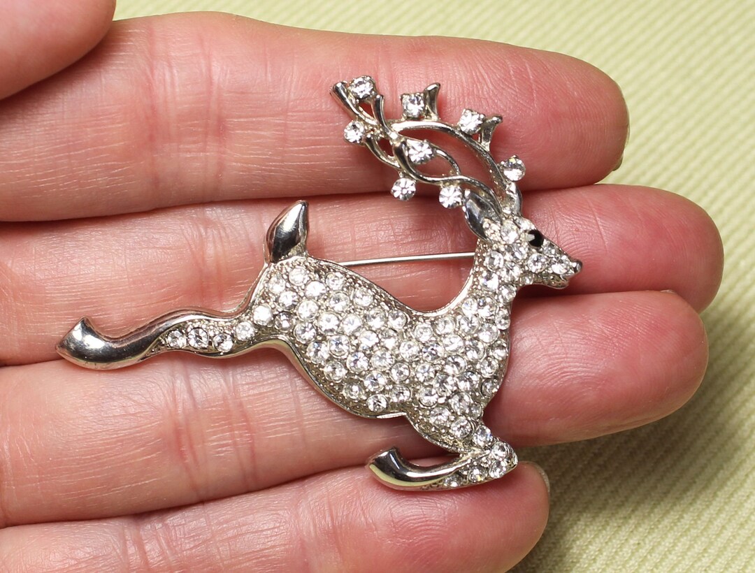 Glitzy Reindeer Pin, 1980s Holiday Pin, Spirited Fellow/gal, Pave ...