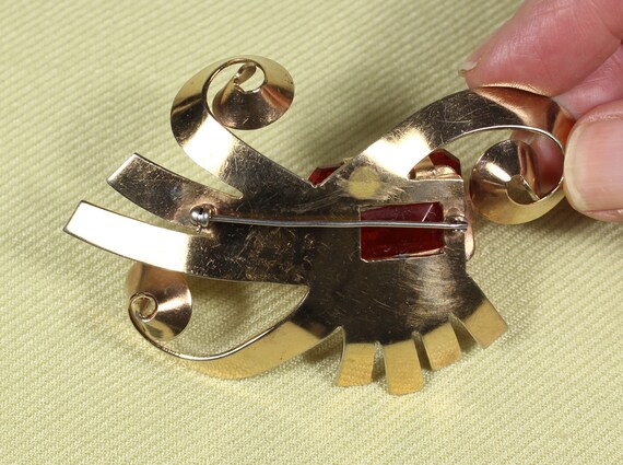 Jumbo 1940s Deco pin, large rectangular red glass set… - Gem