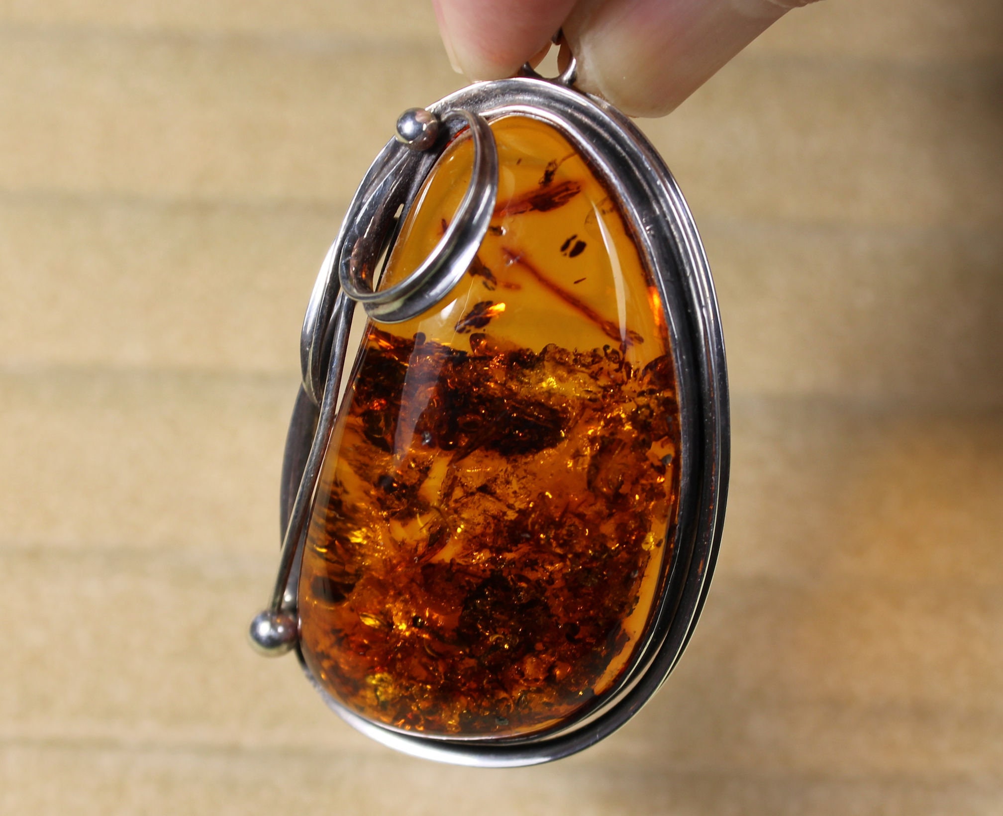 Large AMBER STERLING Pendant, Hand Crafted, Spangles, Luminescent, Free ...