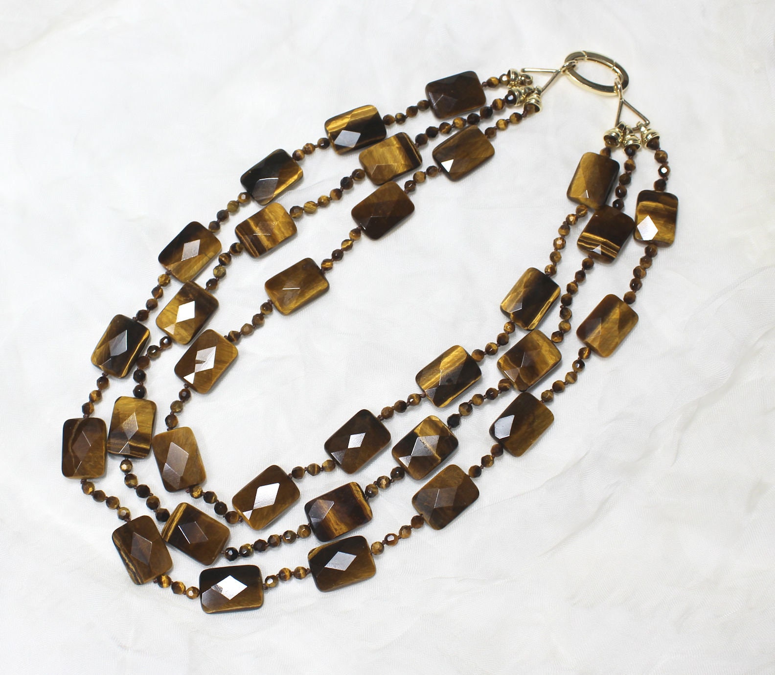 Tiger eye necklace heavy 14K clasp three strands hand | Etsy