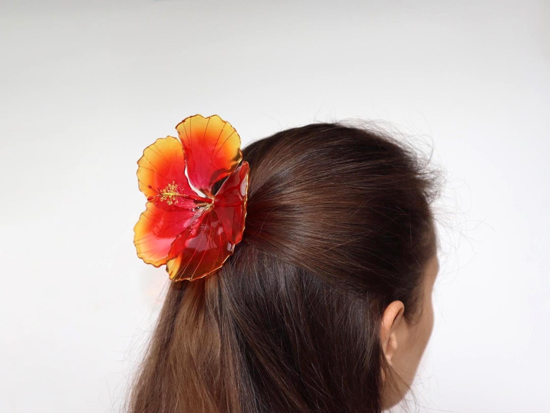 Resin Hibiscus Flower Hairpin: Pink Red Yellow Gradient Floral Hair ...