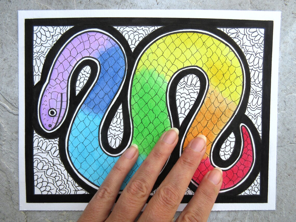 Original 6 X 8 Rainbow Snake Painting, Multicolor Serpent Drawing ...