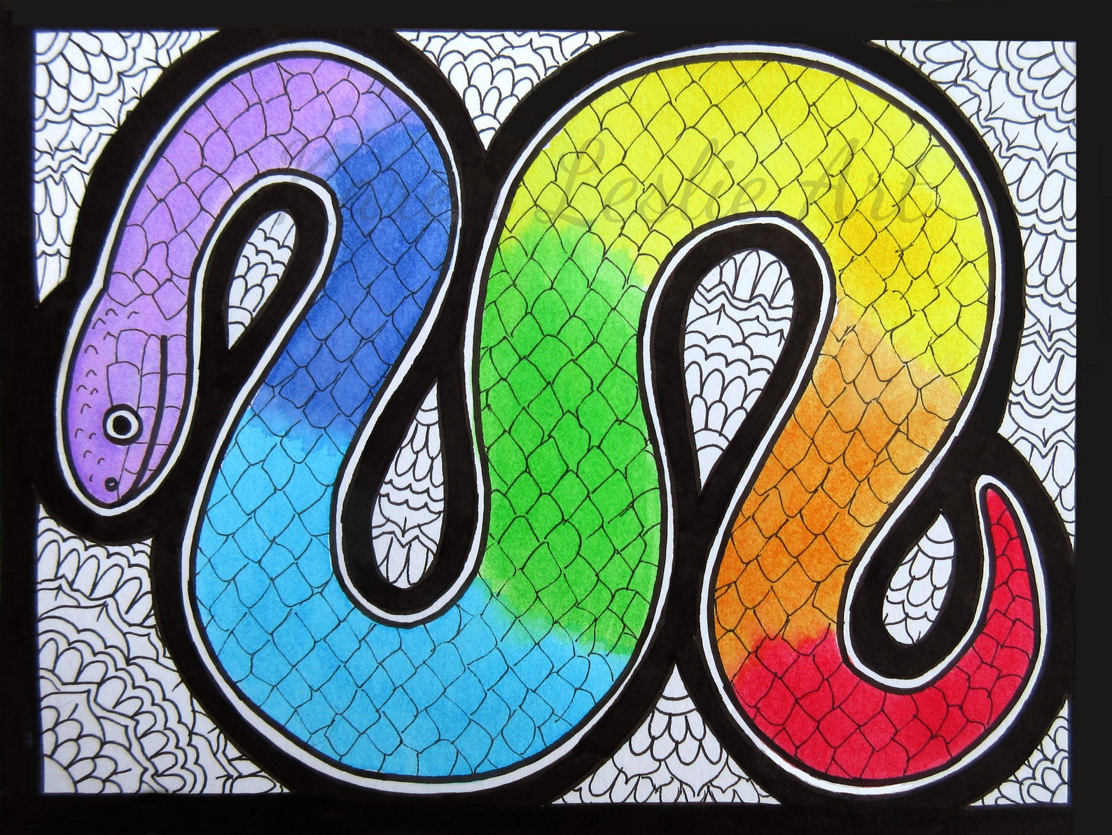 Original 6 X 8 Rainbow Snake Painting, Multicolor Serpent Drawing ...