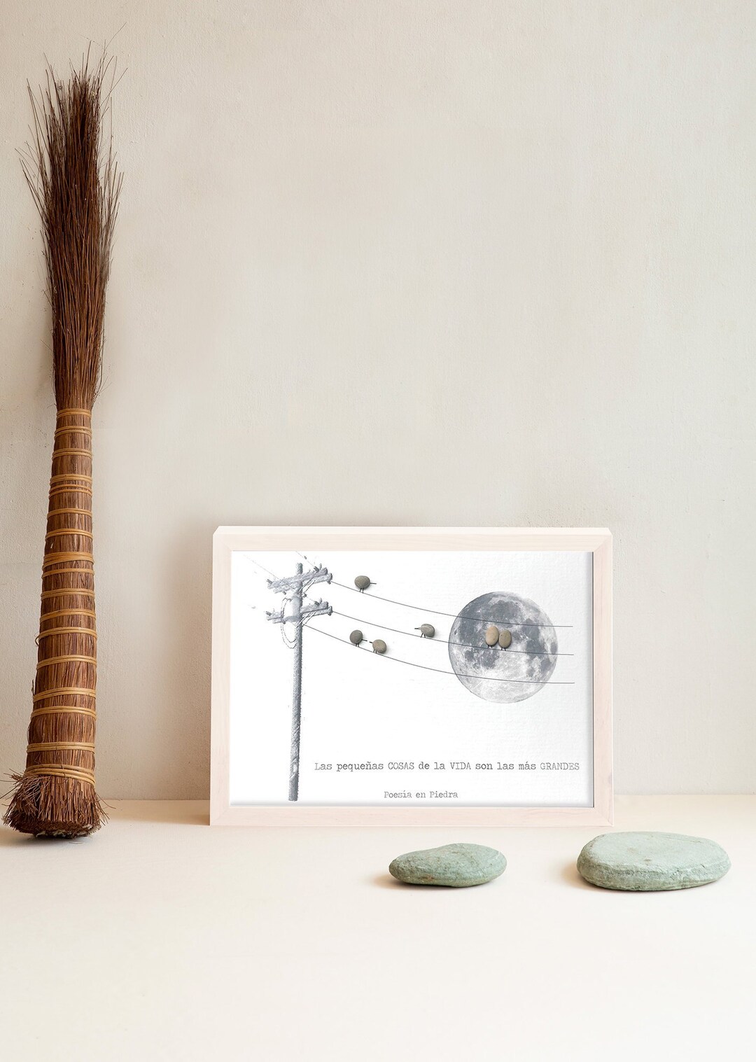 Stone Painting Power Lines Little Birds Pole and Moon Poetry in Stone ...