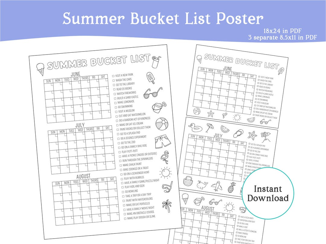 Summer Bucket List for Kids Printable - Fun Seasonal Activities Poster ...