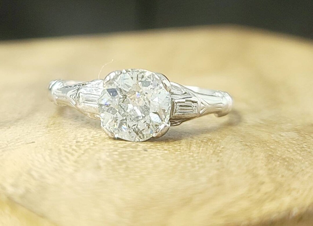 Vintage 1.15CT Old Mine Cut Diamond Engagement Ring, 14k White Gold ...
