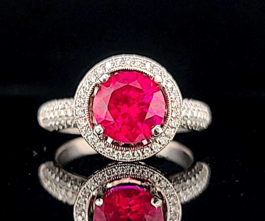 18k White Gold Engagement Diamond Ring 2.55ct.gem Ruby Round Shape - Etsy