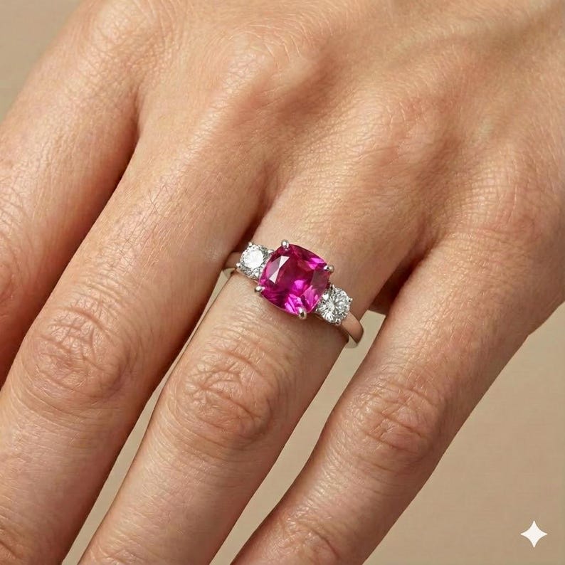 14k White Gold Pink 3.12ct Sapphire Engagement Ring: Cushion Cut ...