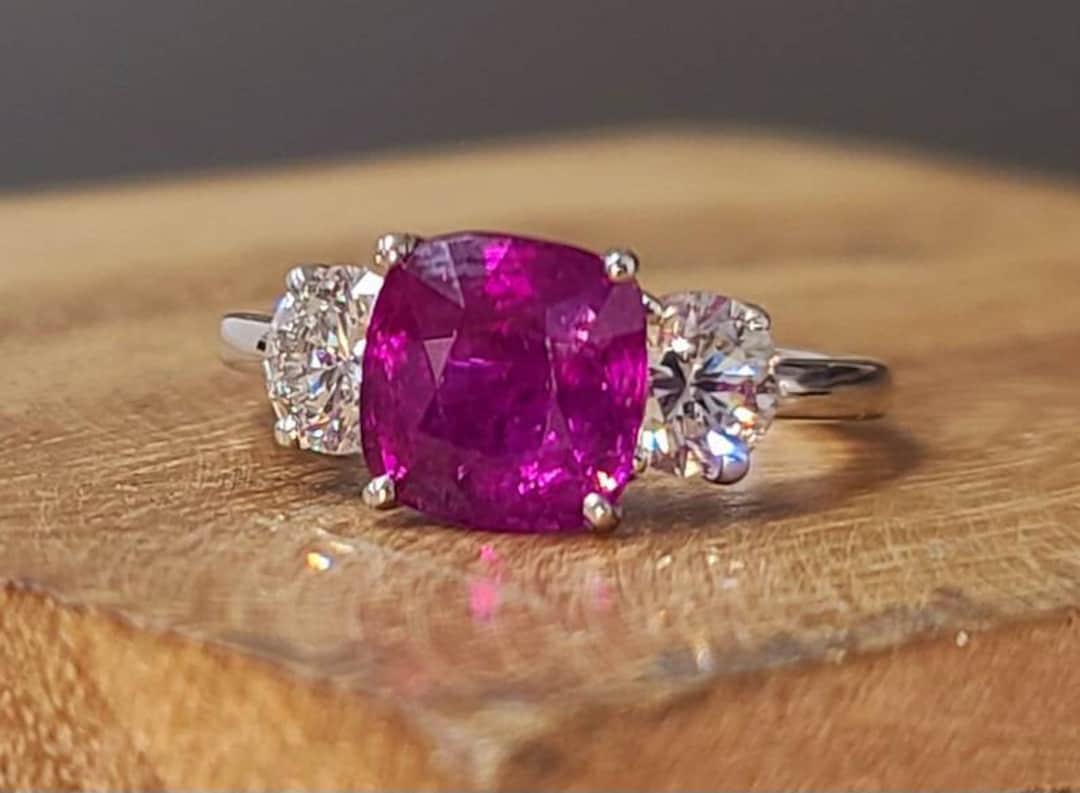 14k White Gold Pink 3.12ct Sapphire Engagement Ring: Cushion Cut ...