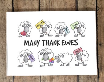 Thank Ewe Thank You Card Cute Sheep Art Card Animal Pun - Etsy
