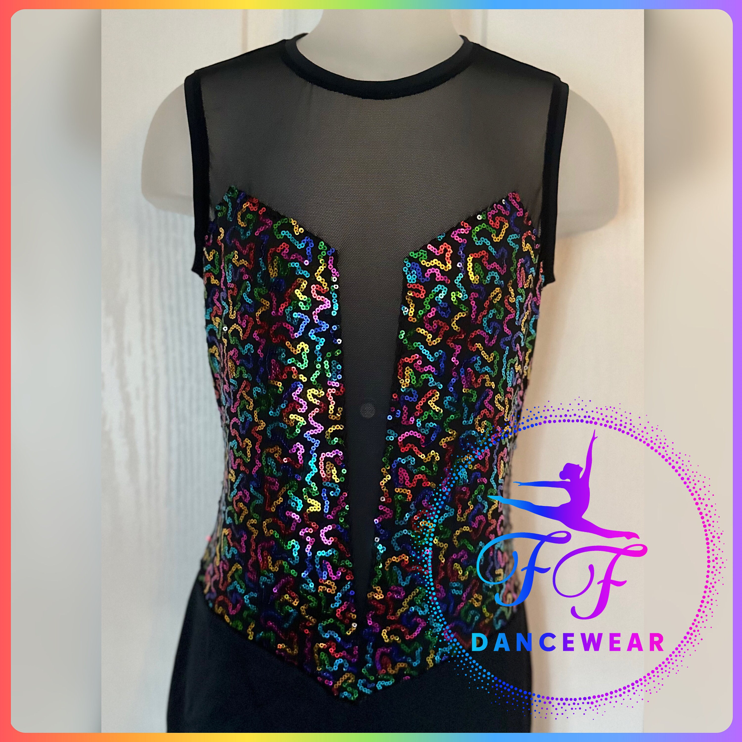 BRAND NEW BESPOKE Rainbow Sequin and Black Lycra Long Sleeve One Long ...