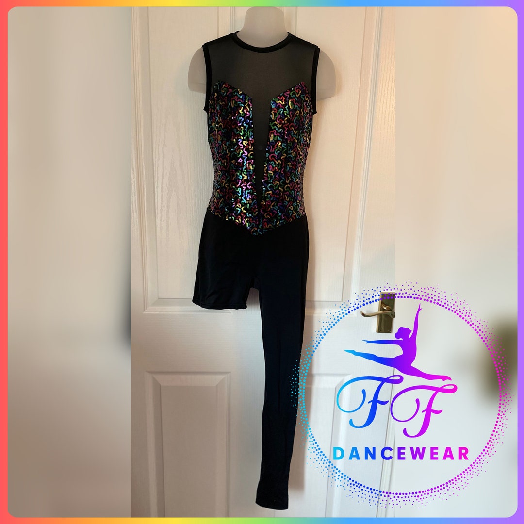 BRAND NEW BESPOKE Rainbow Sequin and Black Lycra Long Sleeve One Long ...