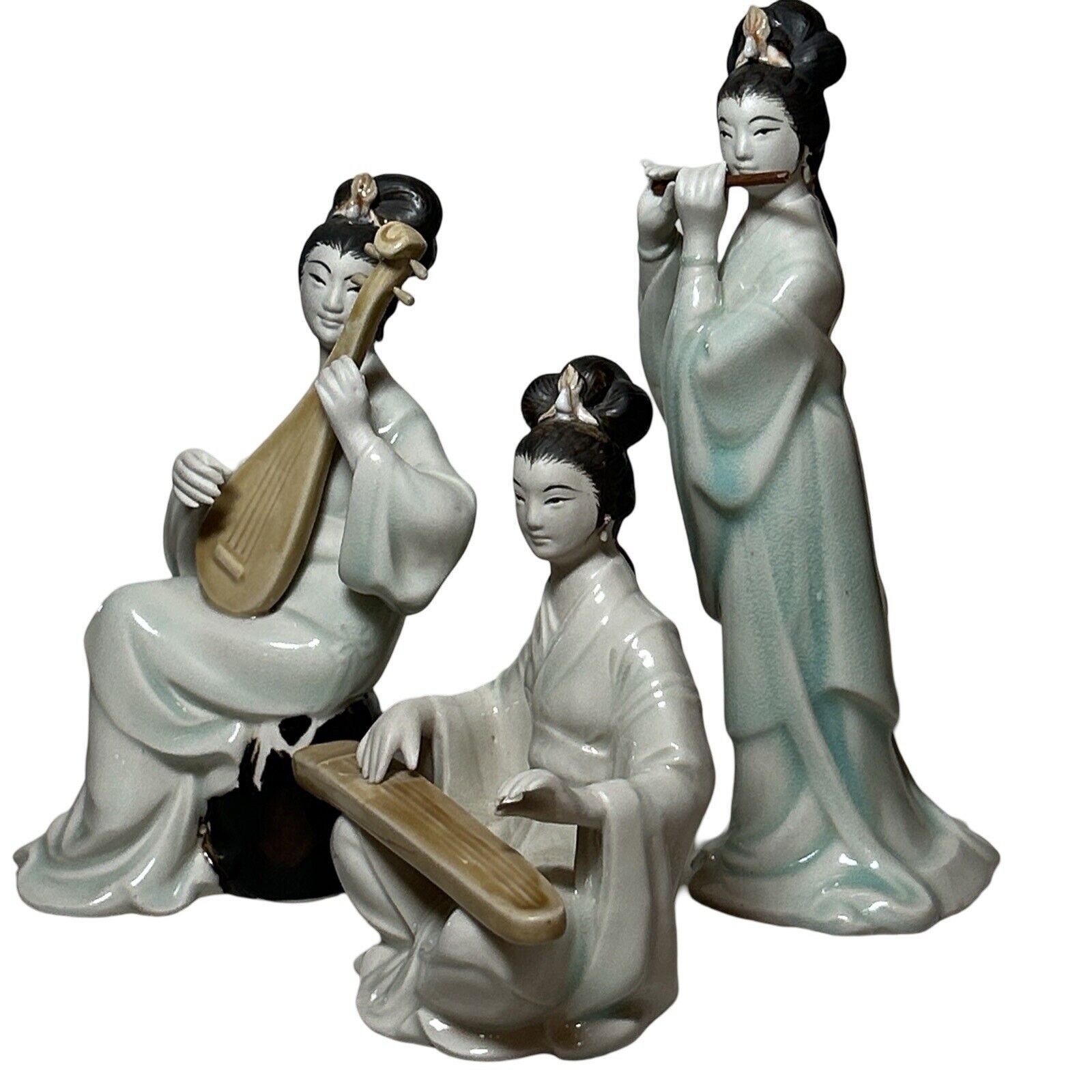 3 Chinese Celadon Porcelain Figurines Women Flute Pluck Pipa Qin Zither ...