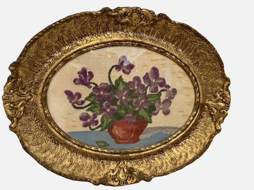 Vintage Largeflower Petit Point Stitch Needlepoint Wall Art Oval Wood ...