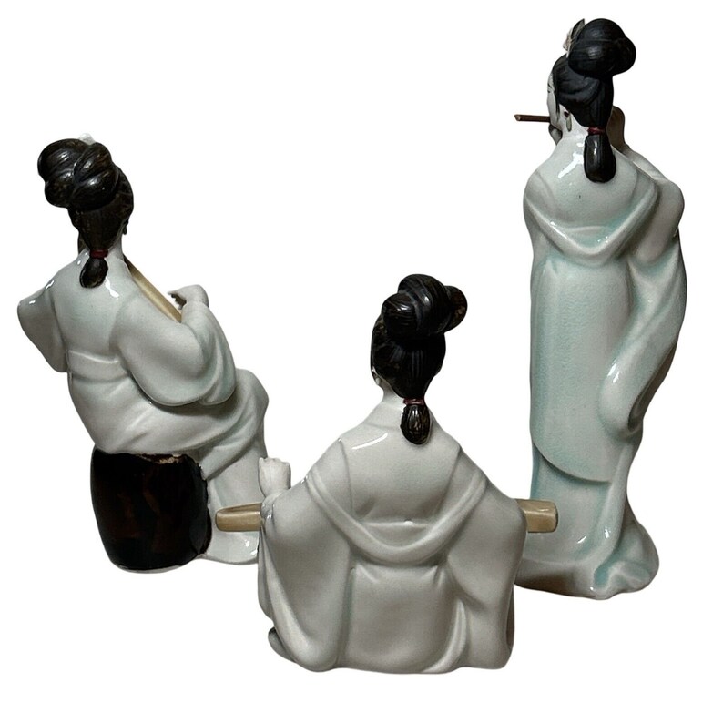 3 Chinese Celadon Porcelain Figurines Women Flute Pluck Pipa Qin Zither ...