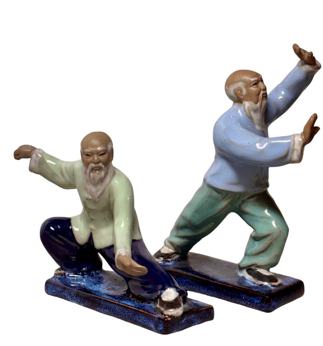 2 Vintage Shiwan Mudman Chinese Pottery Figurine Statue Man Tai Chi ...