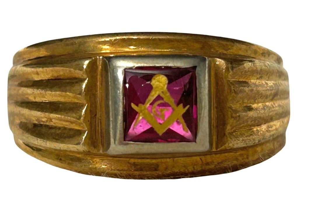 Powerful 10k Gold Masonic Intaglio Seal-stone Ring, Ruby-like Man-made ...
