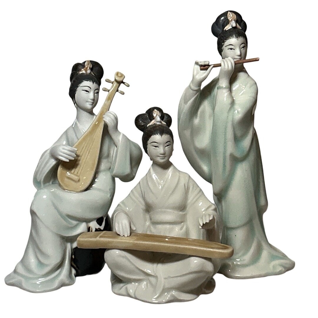 3 Chinese Celadon Porcelain Figurines Women Flute Pluck Pipa Qin Zither ...