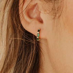 Emerald Hoops, Green Huggies, Small Emerald Gold Huggie, Emerald Baguette Earrings, Dainty Hoop ...
