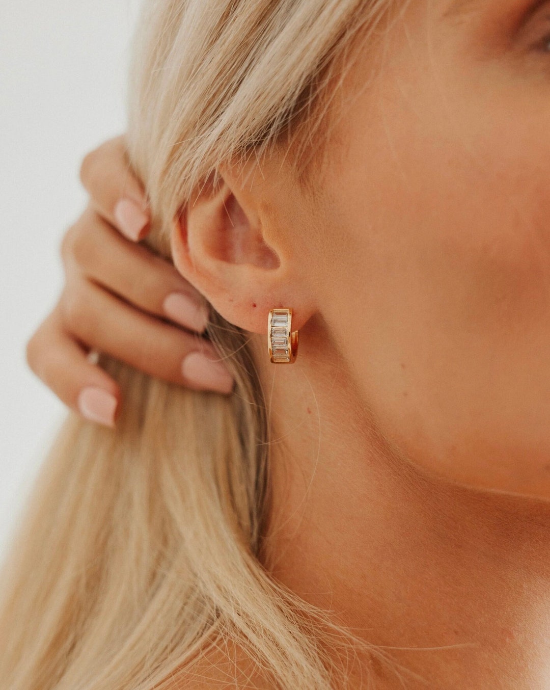 Thick Baguette Gold Hoops, Reversible Gold Hoops, Diamond Huggies, Chunky Hoops, Rectangle ...