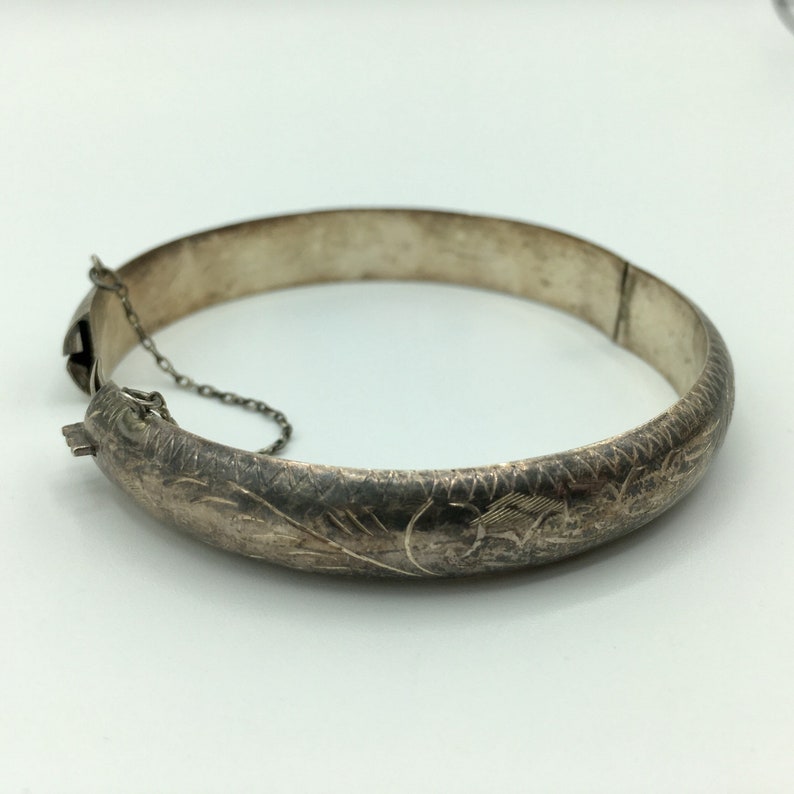 Vintage 925 Sterling Silver Hinged Tarnished Rustic Floral Swirl Bangle ...