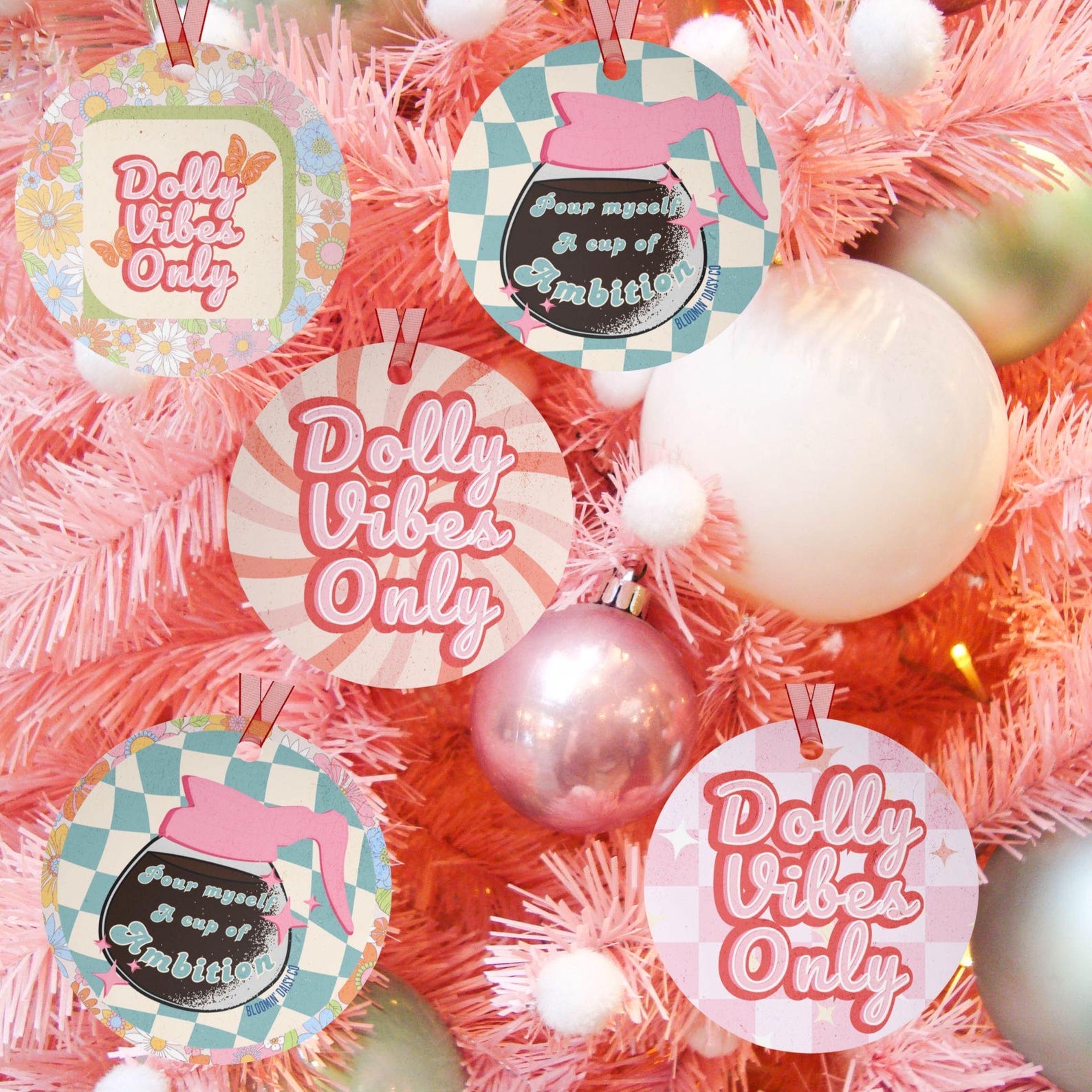 Pink Holly Dolly Christmas Ornament Set | Retro Christmas Ornament ...