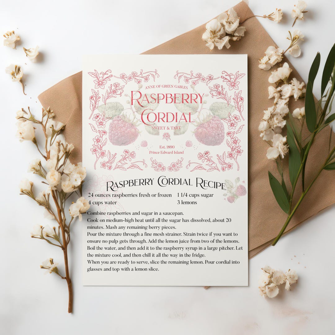 Raspberry Cordial Recipe Card Printable Anne and Gilbert Raspberry ...