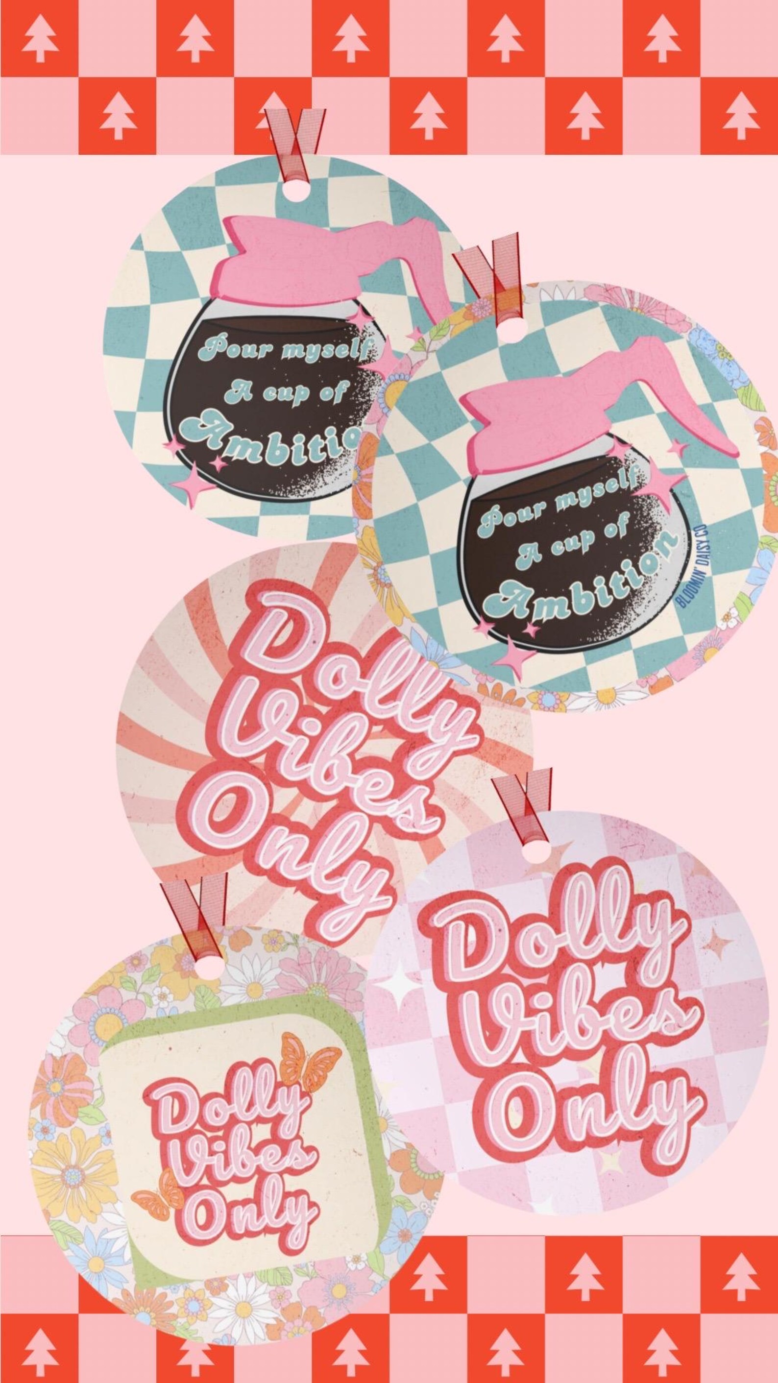 Pink Holly Dolly Christmas Ornament Set | Retro Christmas Ornament ...