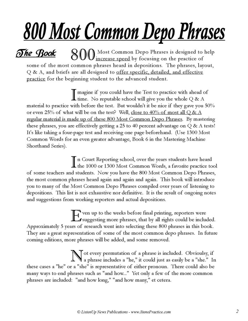 800 Most Common Depo Phrases - Volume I - Court Reporting Practice ...