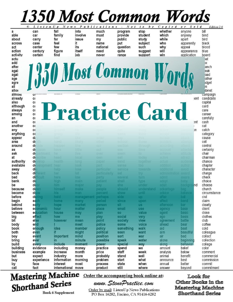 Practice Card - 1350 Most Common Words - Etsy