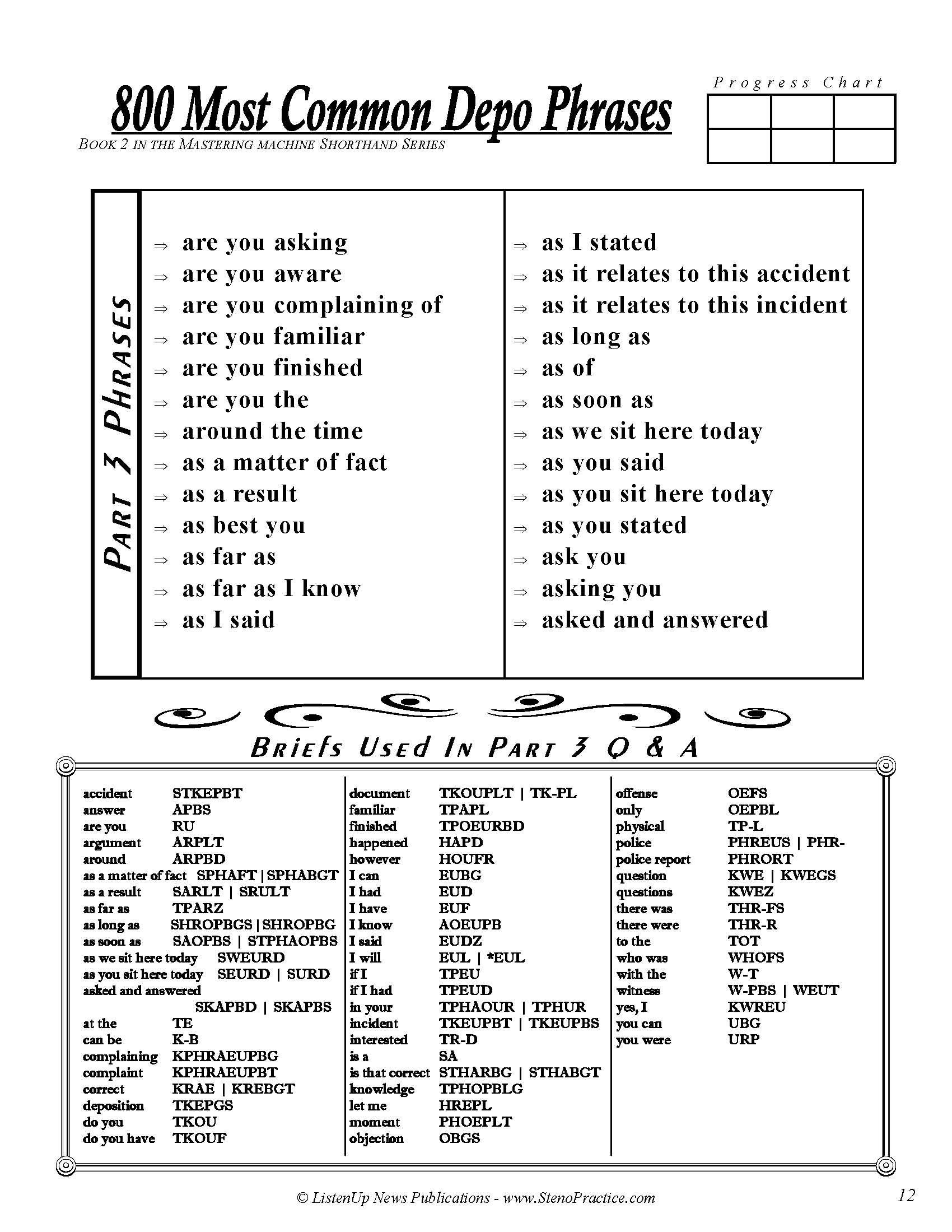 800 Most Common Depo Phrases - Volume I - Court Reporting Practice ...