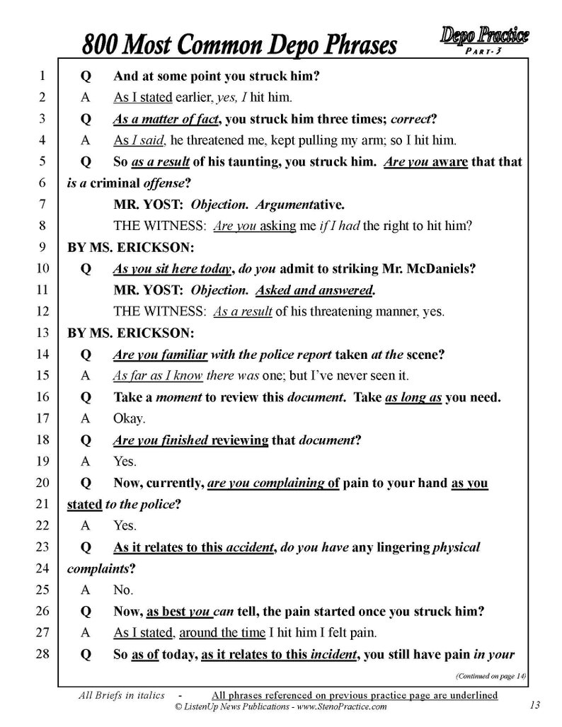 800 Most Common Depo Phrases - Volume I - Court Reporting Practice ...