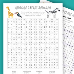 Printable Word Searches for Kids, African Safari Animals, Puzzles ...