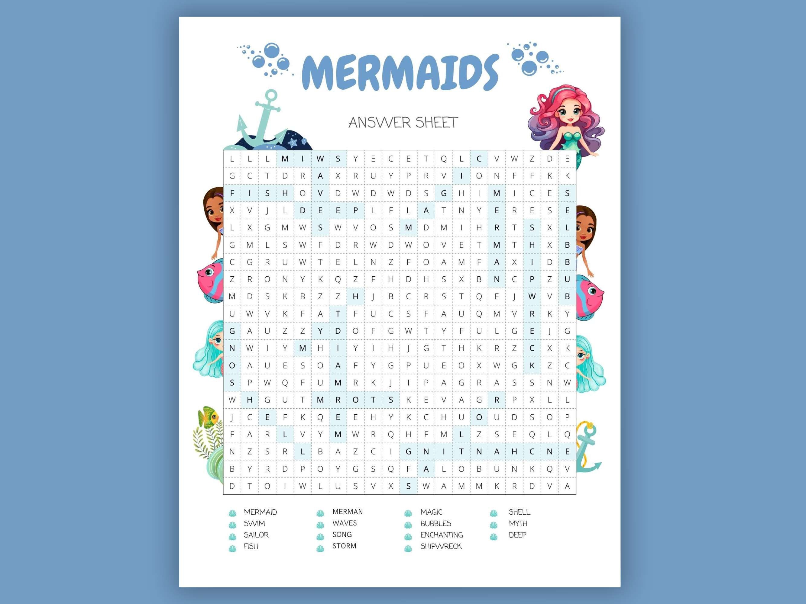 Printable Mermaid Word Search for Kids, Ocean Learning Activity Puzzle ...
