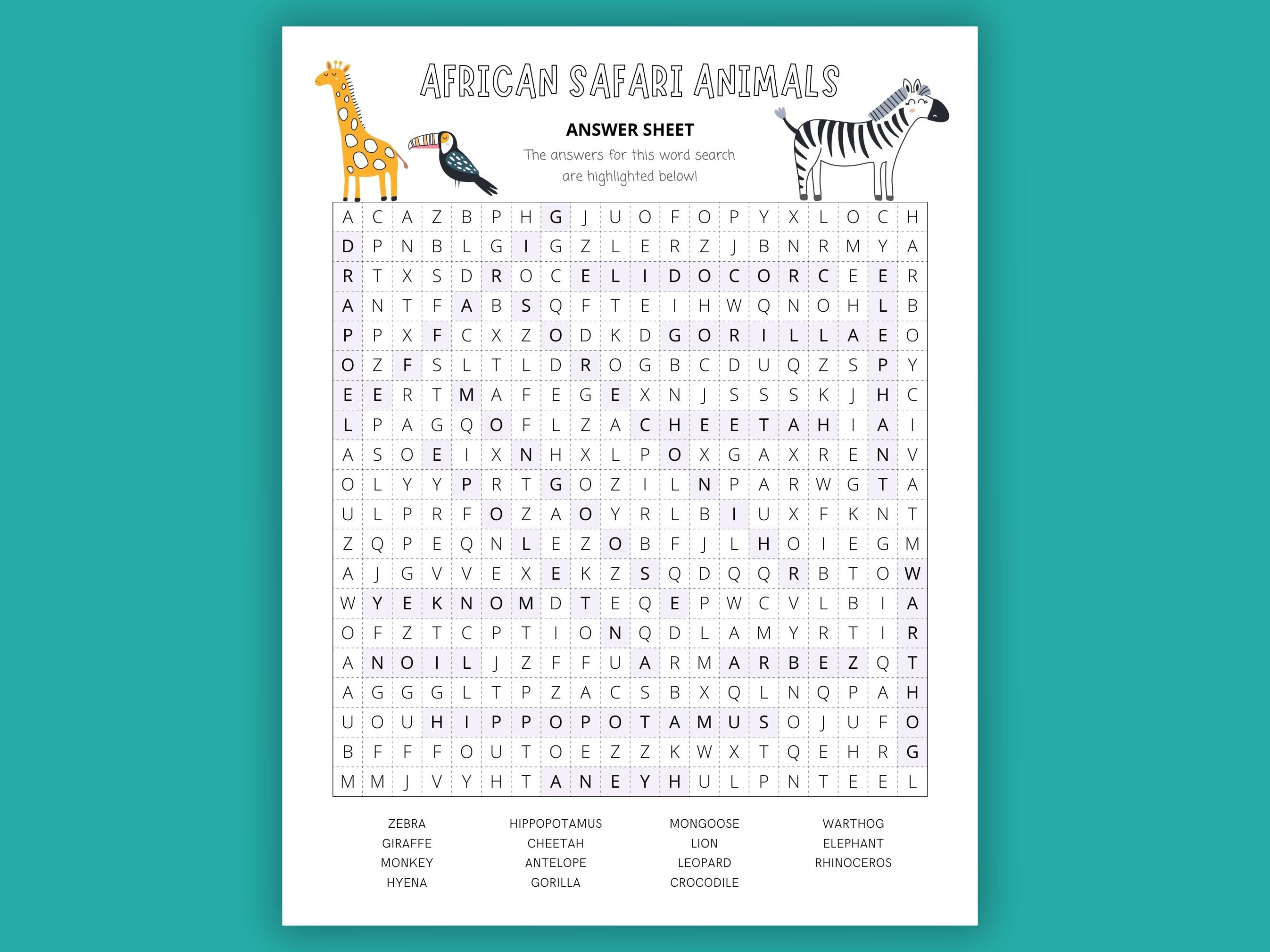 Printable Word Searches for Kids, African Safari Animals, Puzzles ...