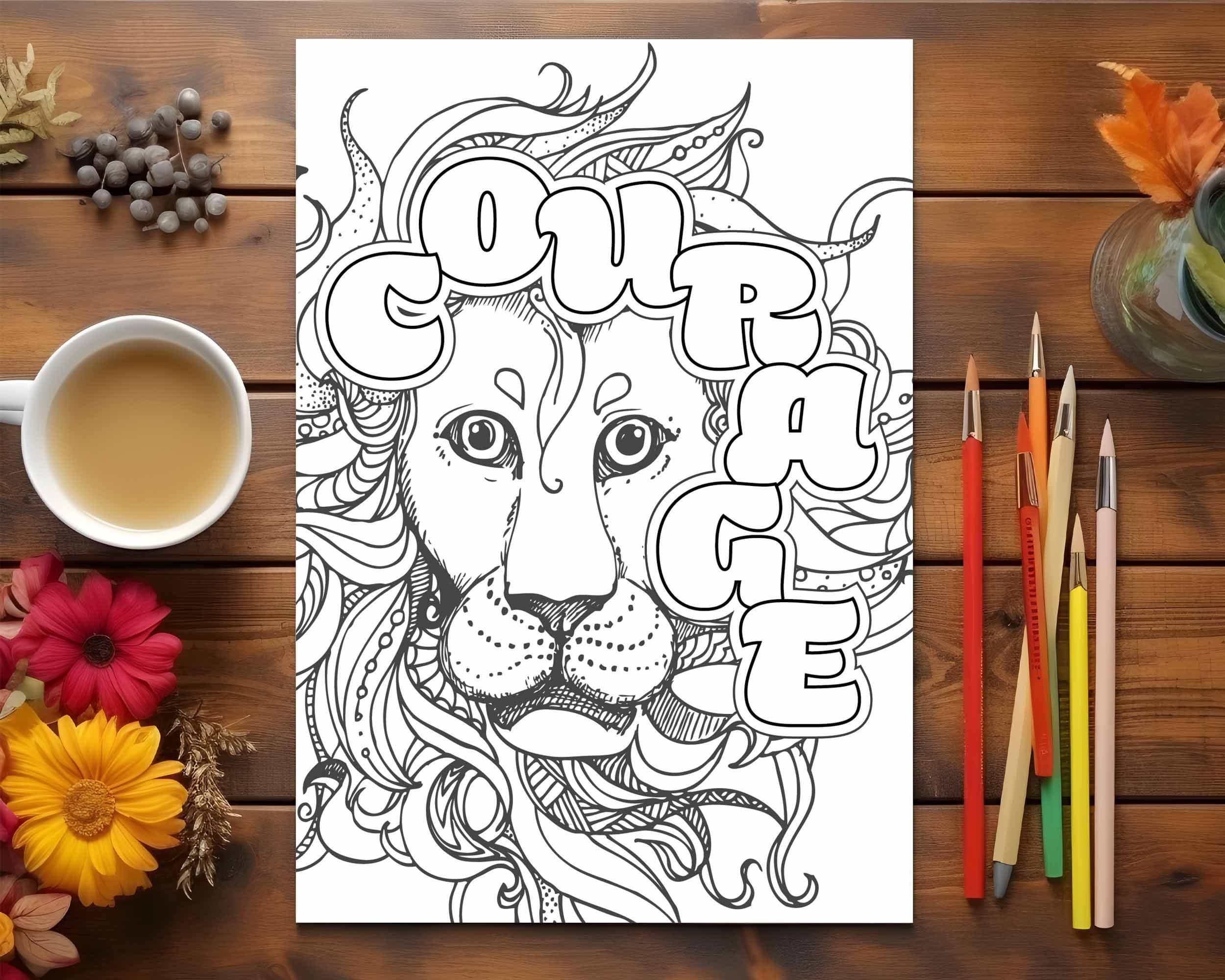 Mental Health Coloring Page for Adults With Lion and One Word Positive ...