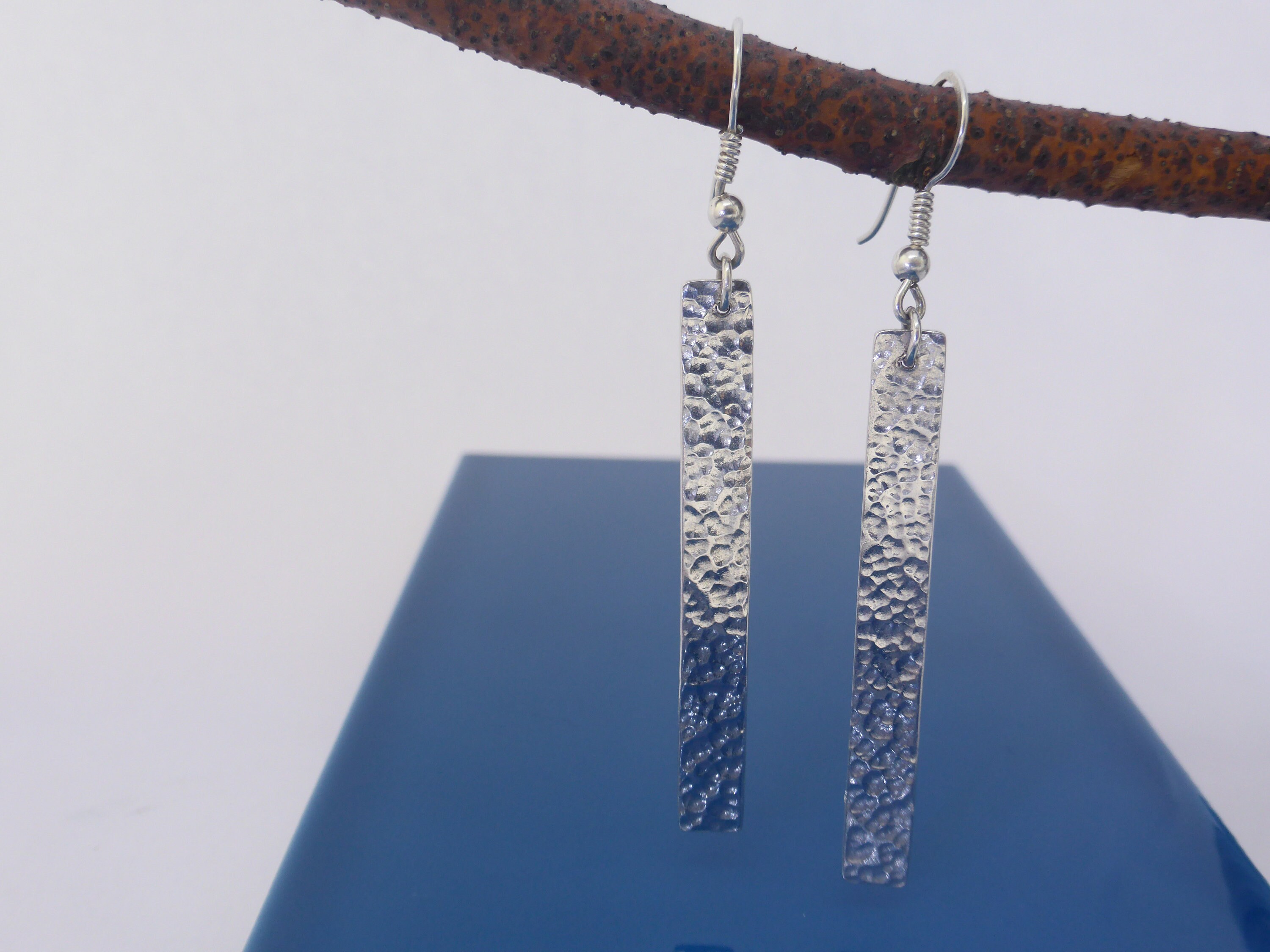 925 Long Hammered Bar Earrings Silver Drop Earrings Textured | Etsy