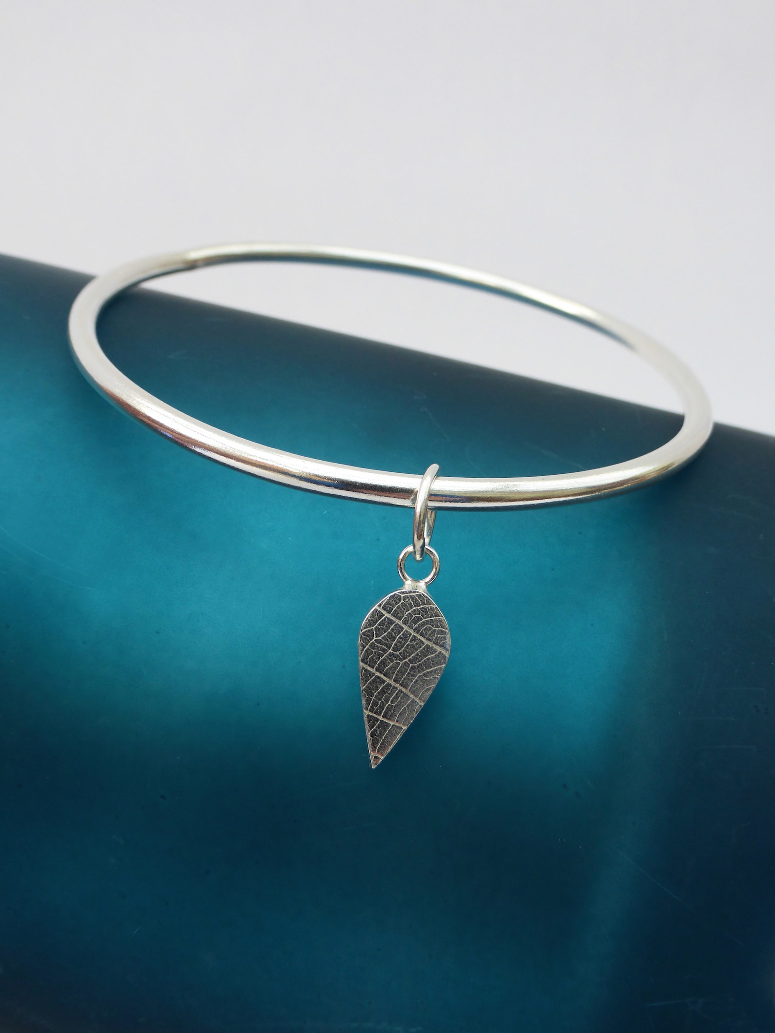 Solid Silver Bangle With Leaf Pattern Charm, Silver Leaf Bangle, 925 ...