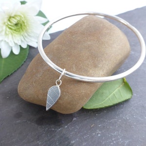 Solid Silver Bangle With Leaf Pattern Charm Silver Leaf | Etsy