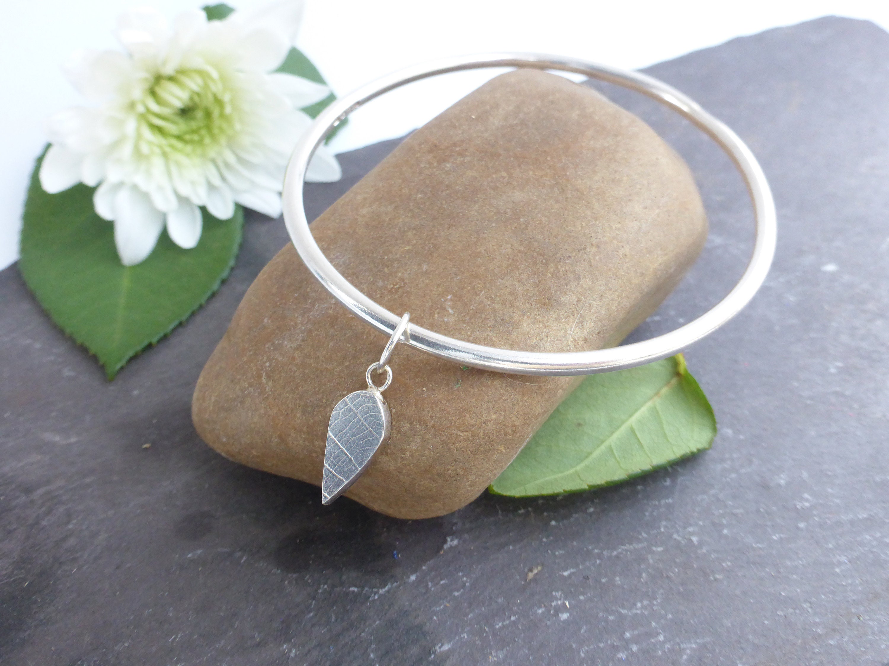 Solid Silver Bangle With Leaf Pattern Charm Silver Leaf | Etsy