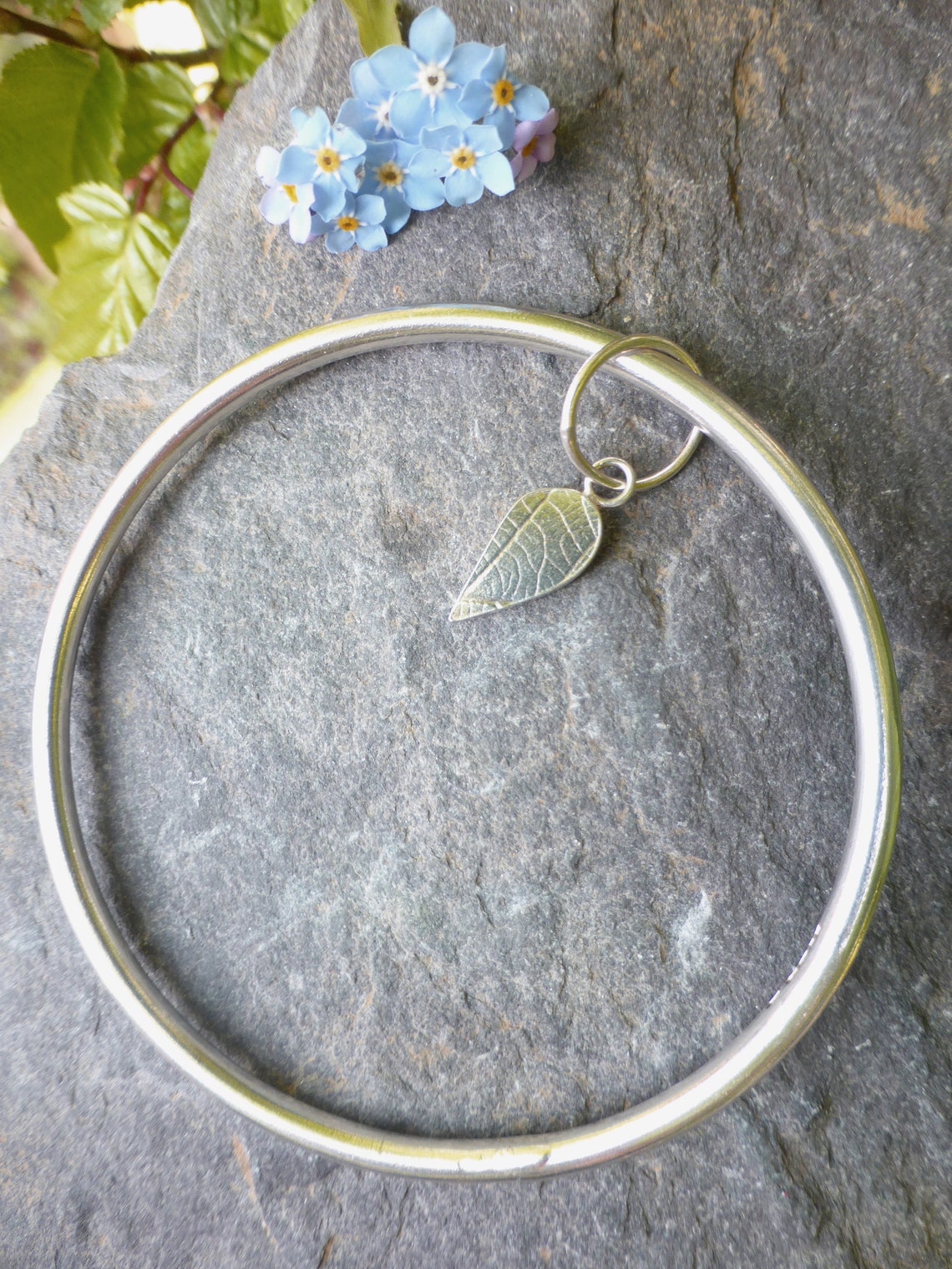 Solid Silver Bangle With Leaf Pattern Charm Silver Leaf - Etsy