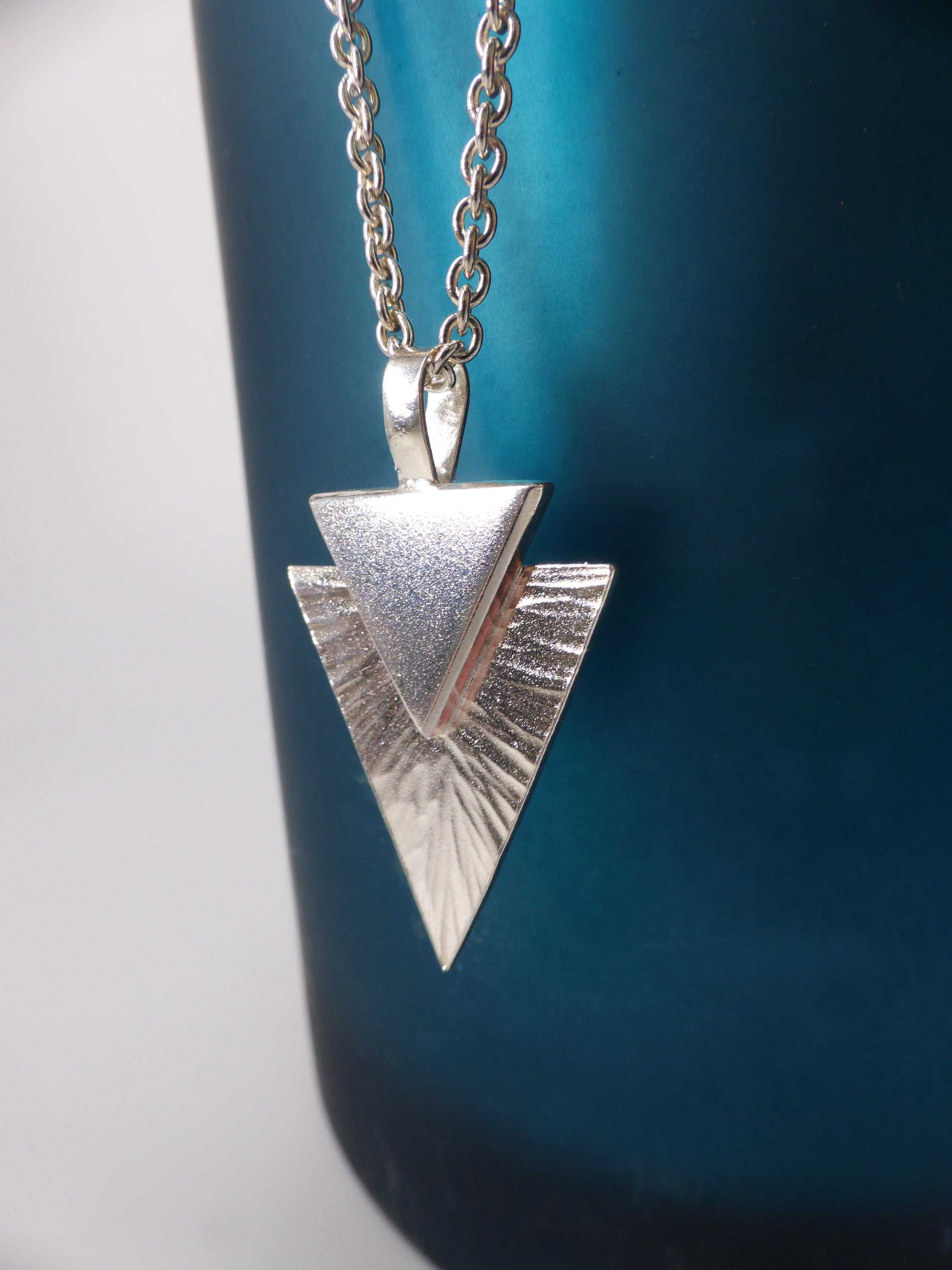 Art Deco Necklace Large Solid Silver Pendant Triangle | Etsy