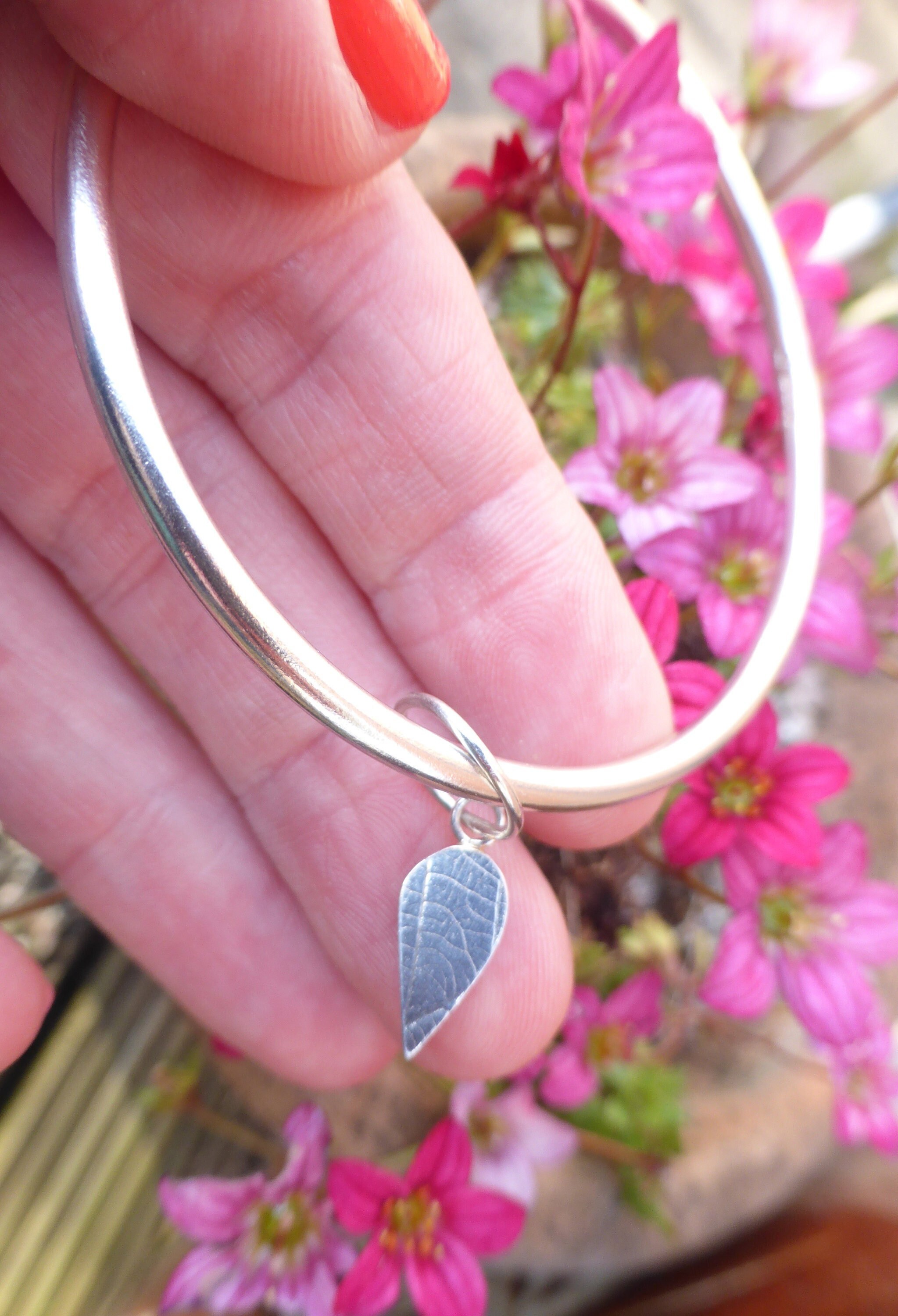 Solid Silver Bangle With Leaf Pattern Charm Silver Leaf - Etsy