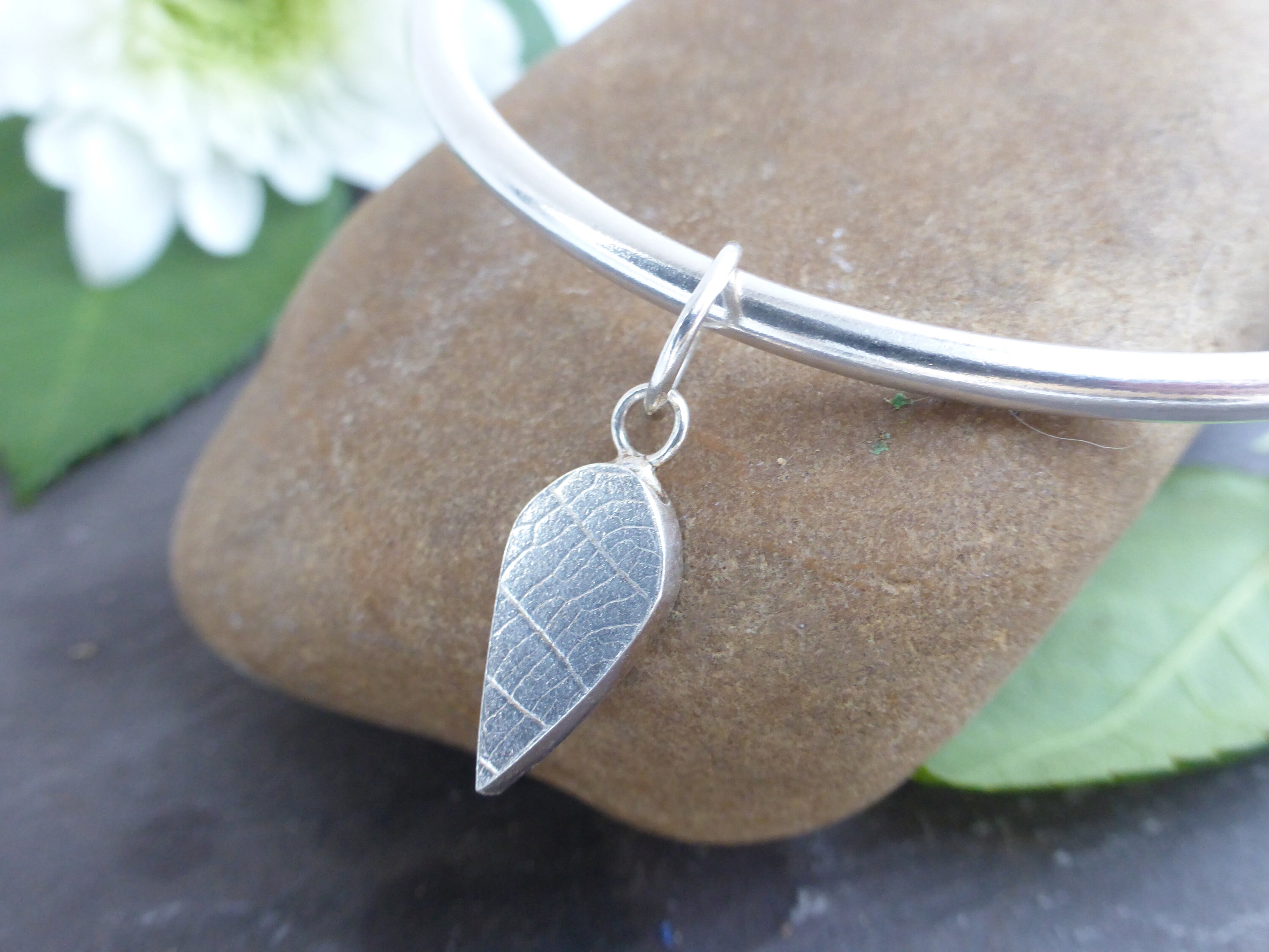 Solid Silver Bangle With Leaf Pattern Charm Silver Leaf | Etsy