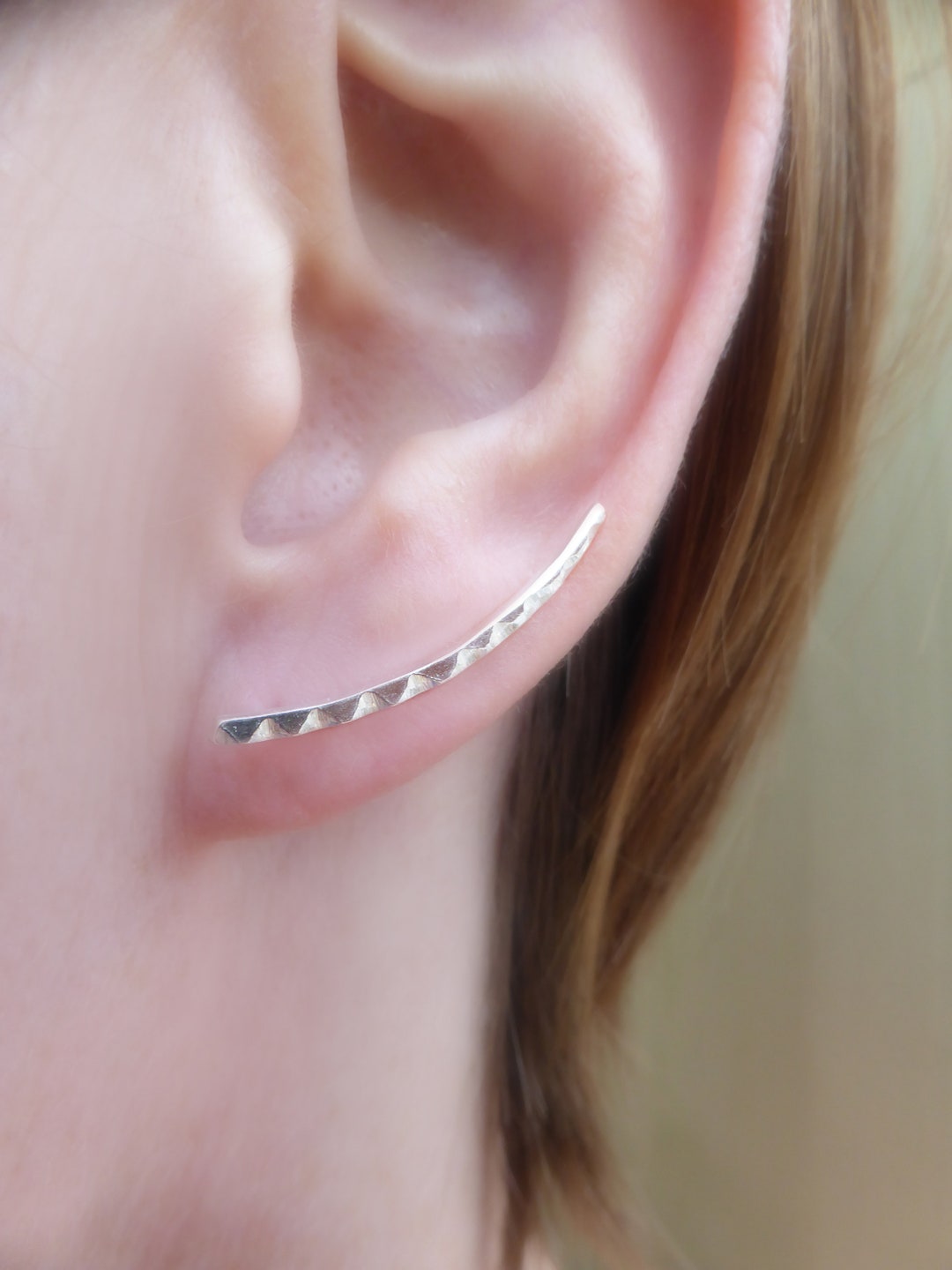 Silver Bar Ear Climber, Minimalist Ear Crawler, Ear Sweeper, Textured ...